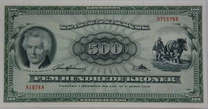 Slutpris för Danmark. 500 kroner pengeseddel 1967.